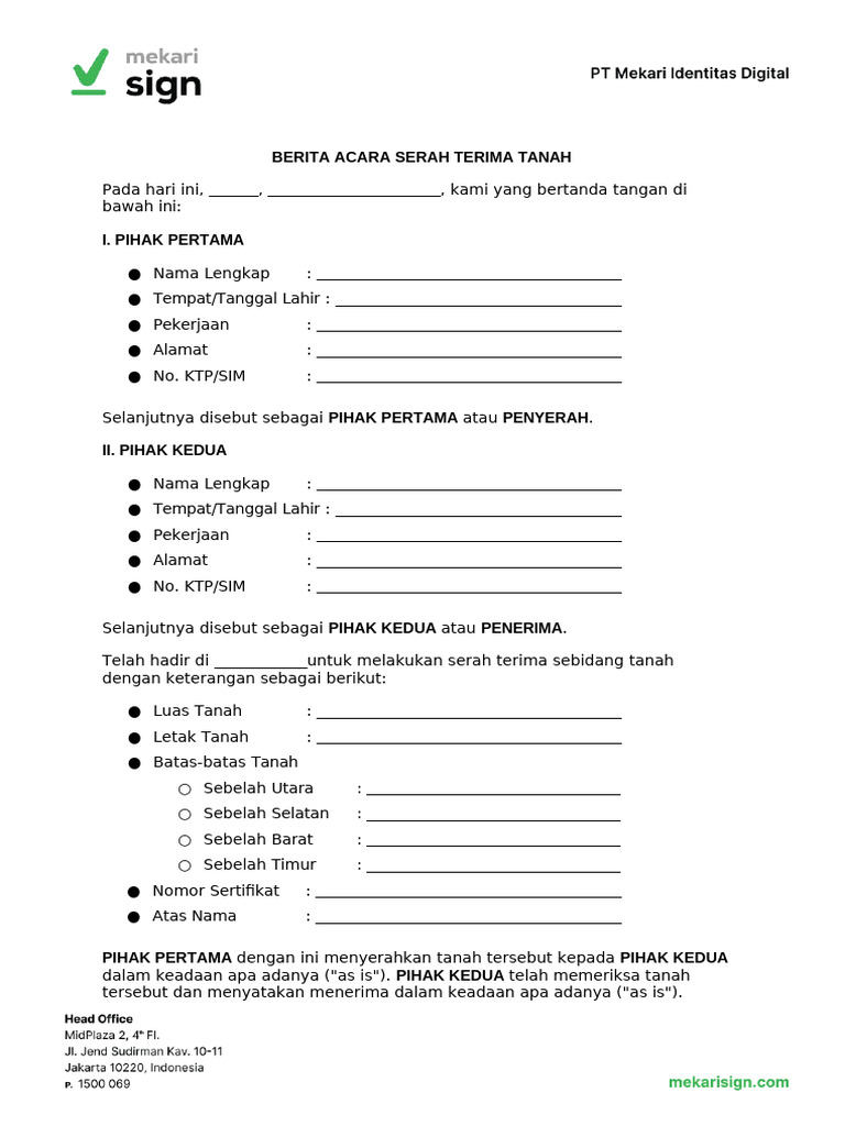 Template Berita Acara Serah Terima Tanah Mekari Sign | PDF