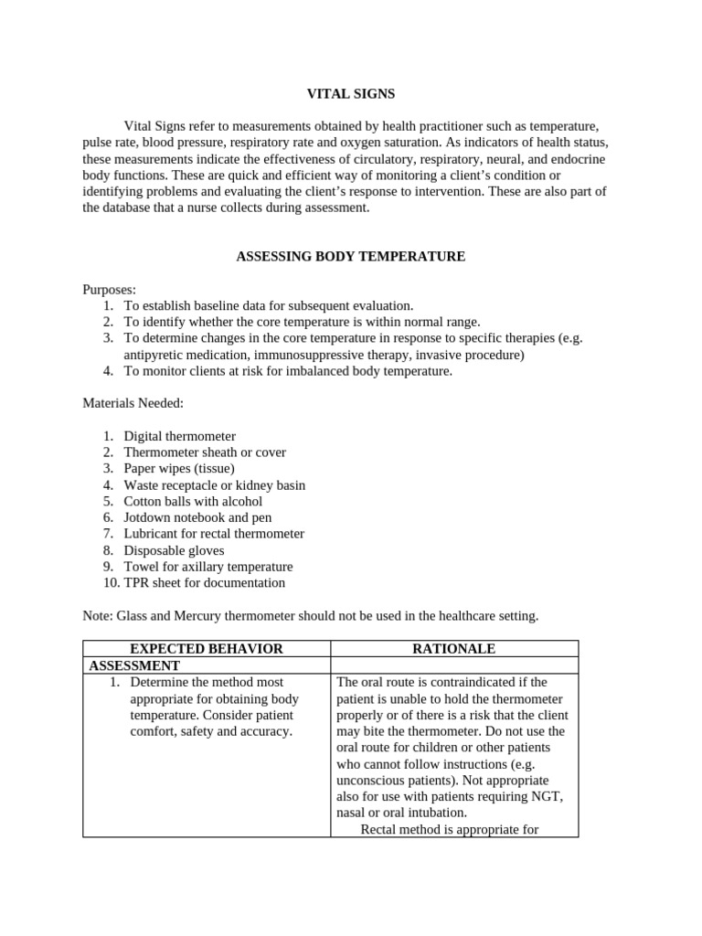 Assessing Vital Signs Procedure and Checklist | PDF | Pulse | Heart