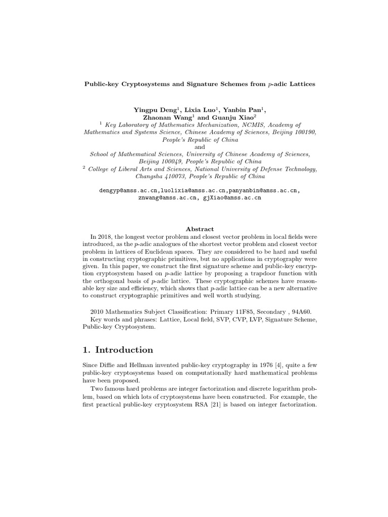 Public-Key Cryptosystems and Signature Schemes From P-Adic Lattices | PDF | Cryptography | Basis ...