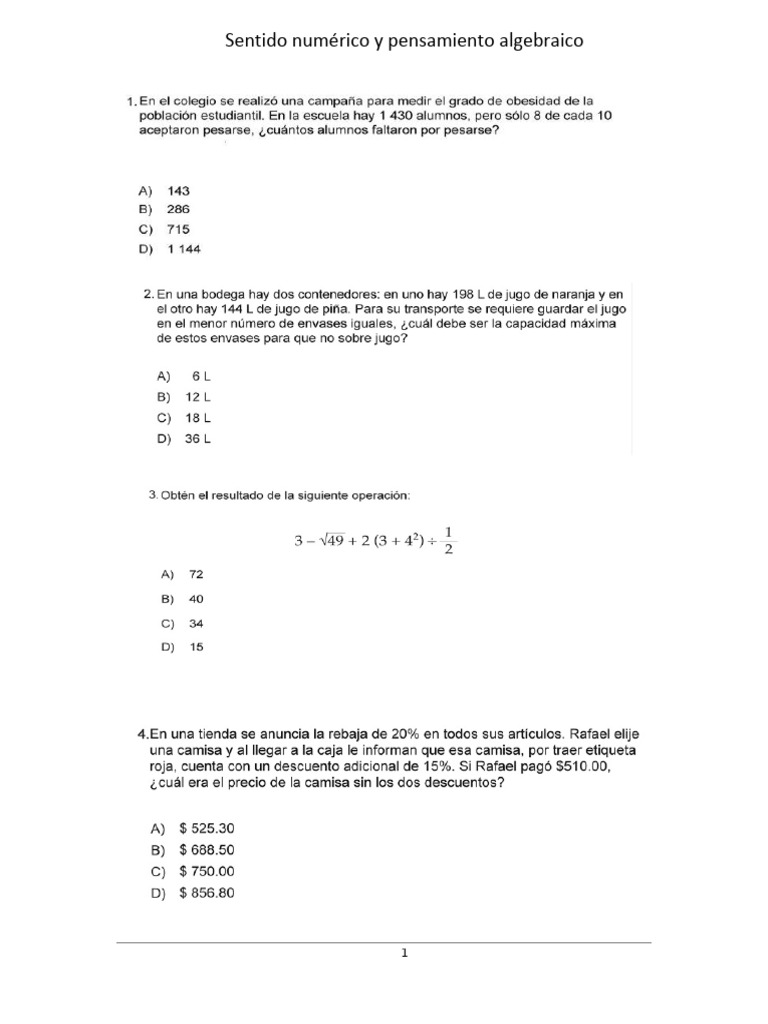 Examen de Sentido Numérico y Pensamiento Algebraico | PDF