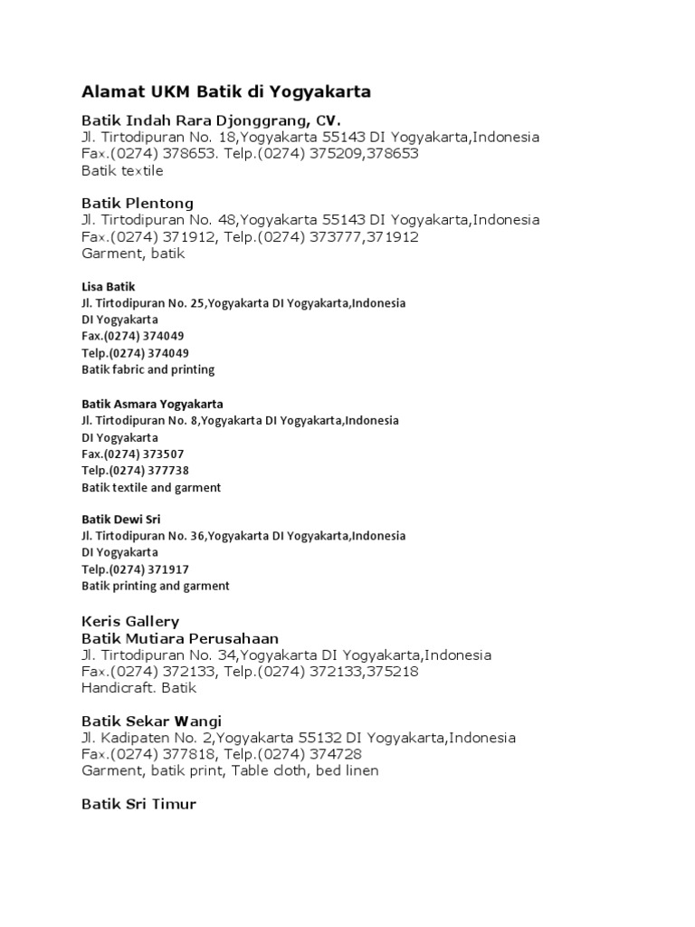 Alamat UKM Batik Di Yogyakarta - Agung | PDF
