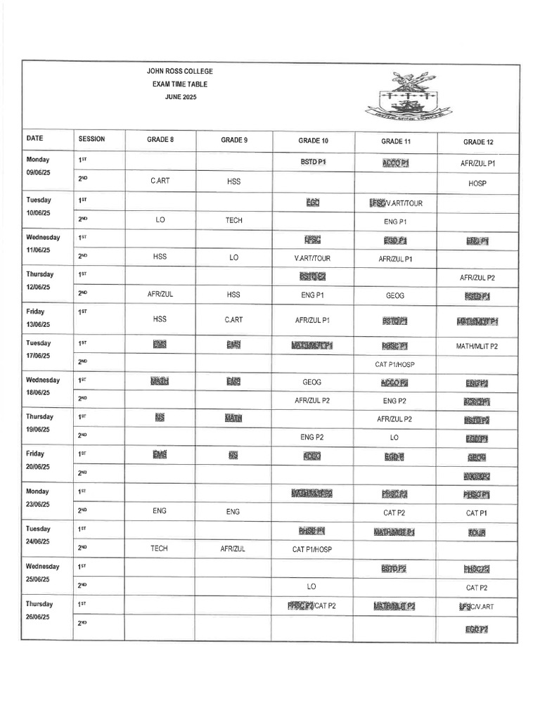June Exam Time Table | PDF