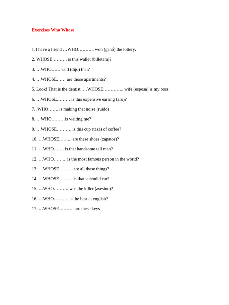 (10)Exercises Who Whose 3 | PDF
