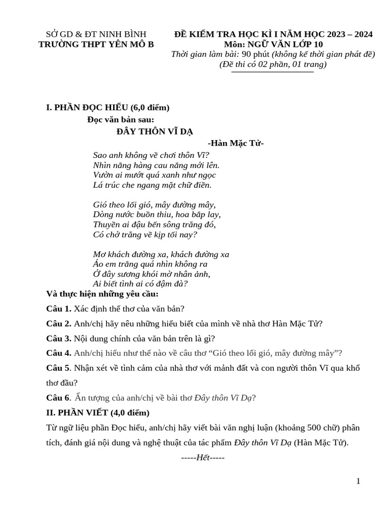 Đề Văn 10 - Đây Thôn Vĩ Dạ - Thu Thuy Pham | PDF