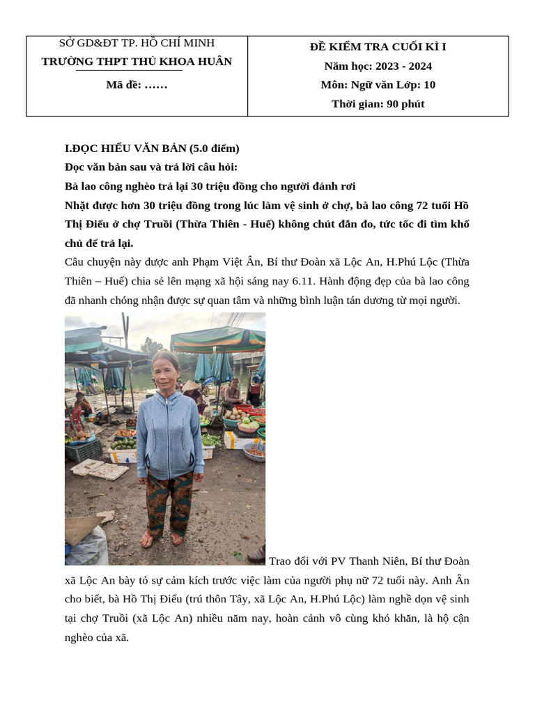 De Thi HK 1 2023 - 2024 Ban Tin Nguoi Phu Nu Tra 30 Trieu Dong - Tho - Kimanh Nguyen | PDF