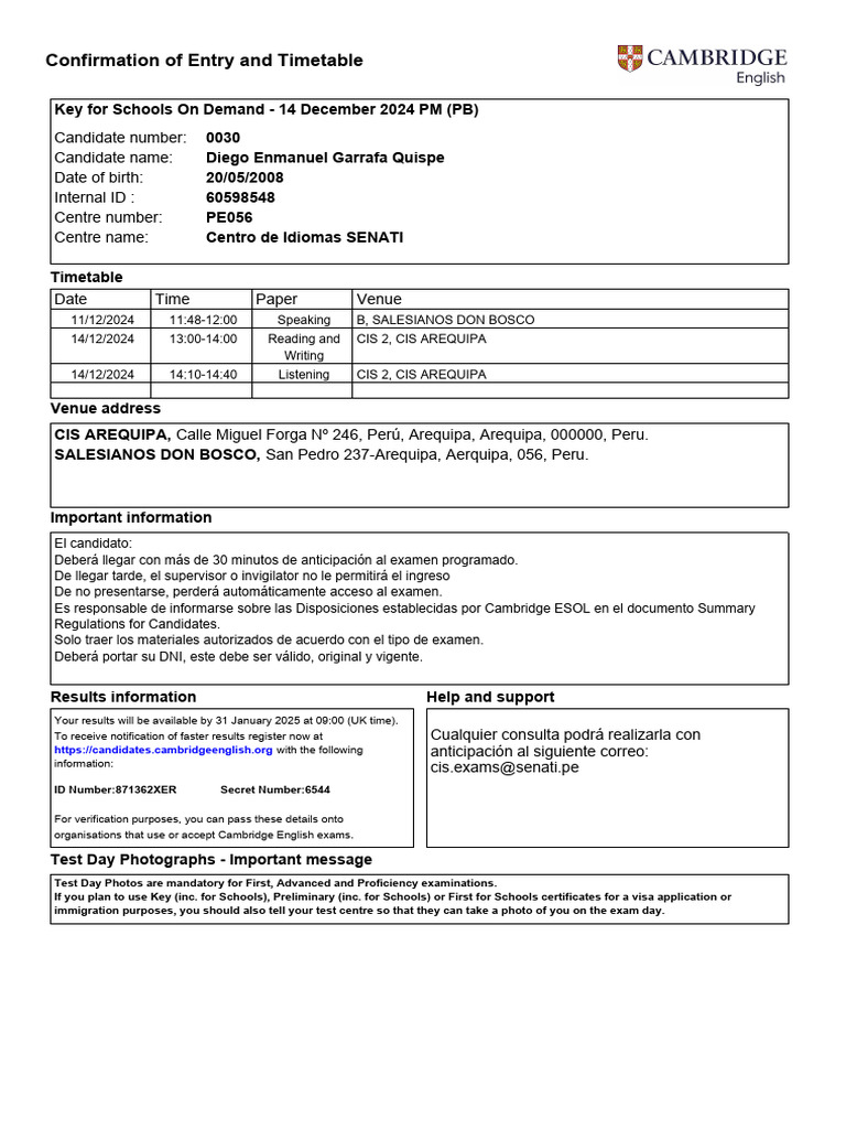 Confirmation of Entry and Timetable | PDF