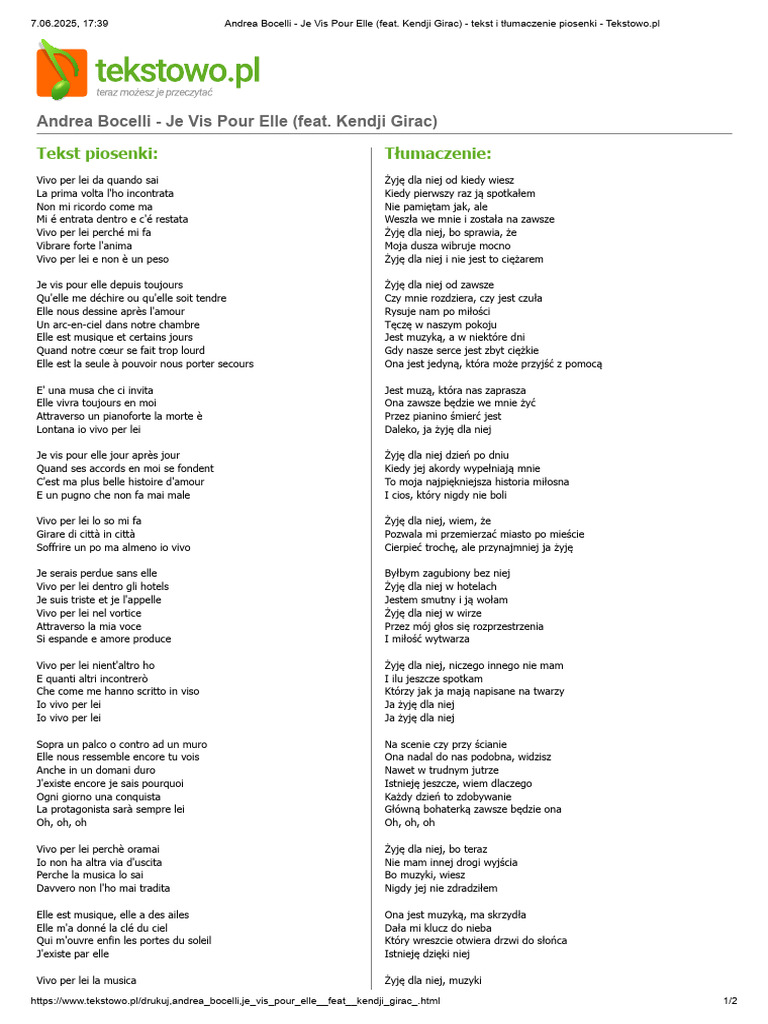 Andrea Bocelli - Je Vis Pour Elle (Feat. Kendji Girac) - Tekst I ...