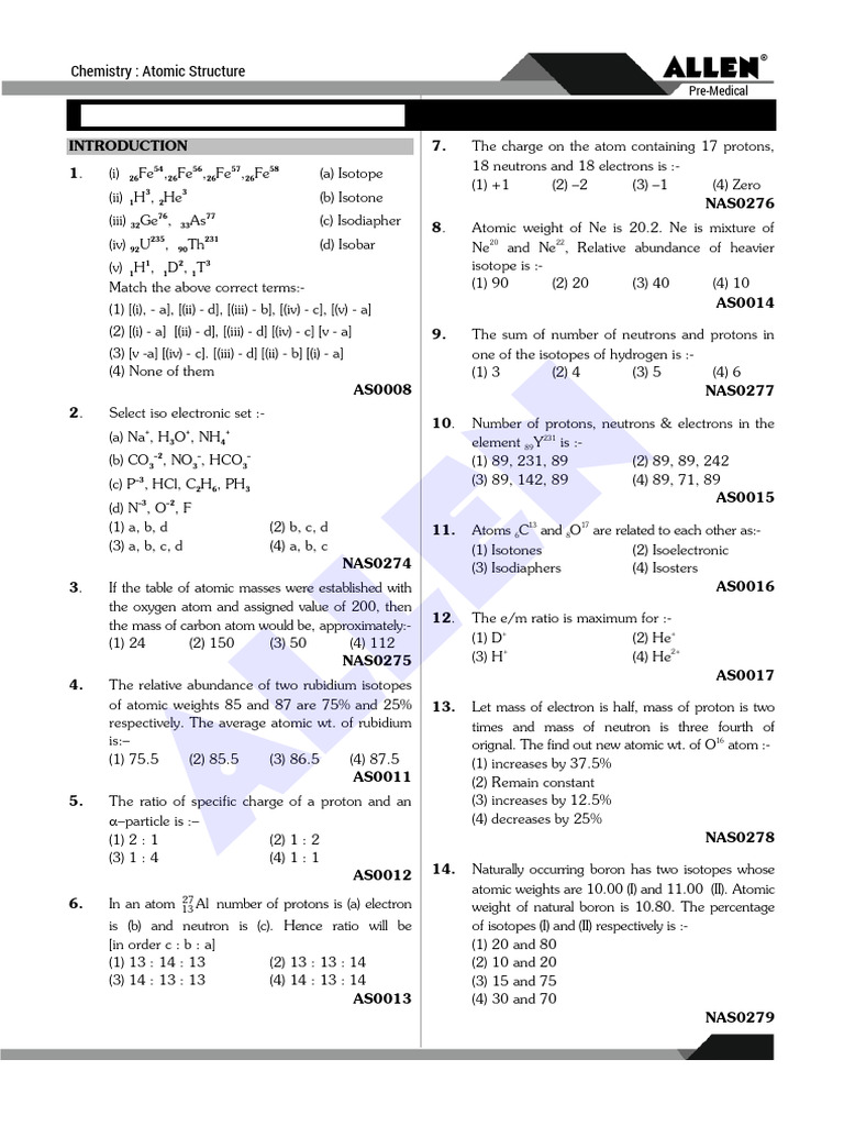 Atomic Structure - Exercise | PDF | Spectral Line | Atoms
