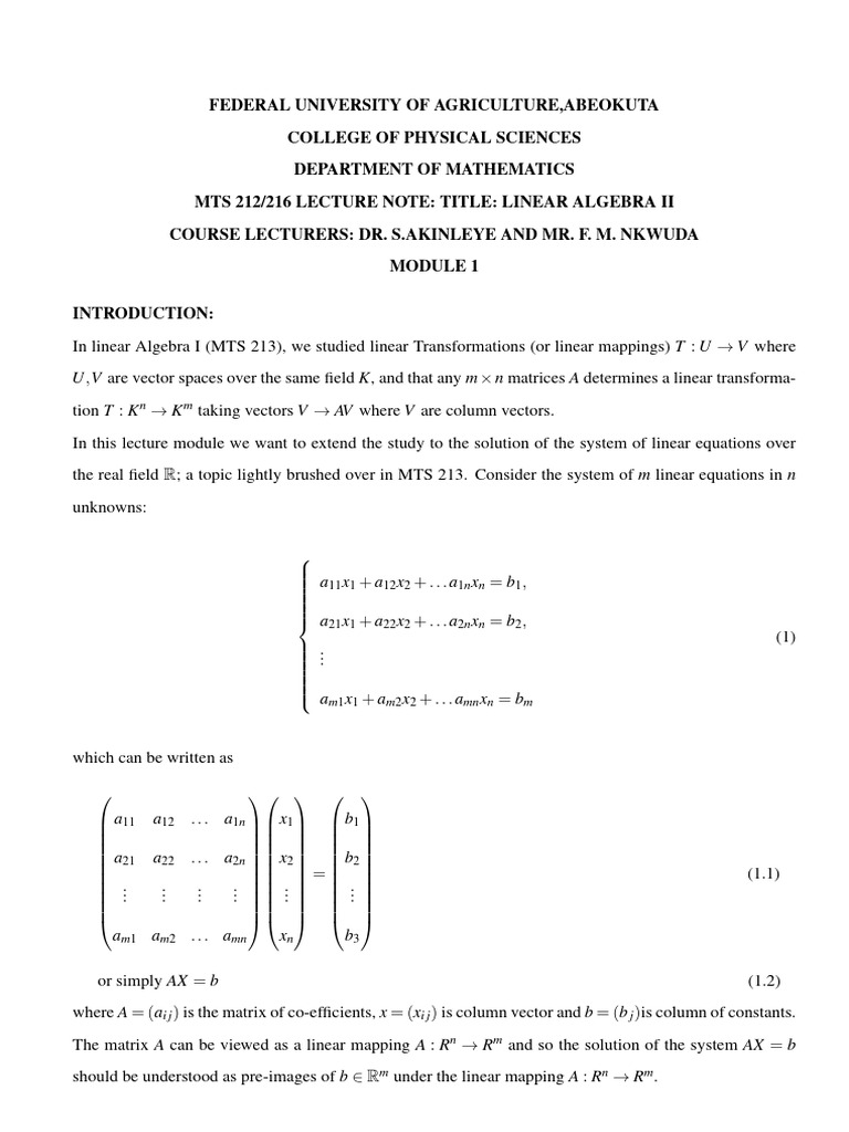 MTS 216 Complete Note | PDF | Algebra | Linear Algebra