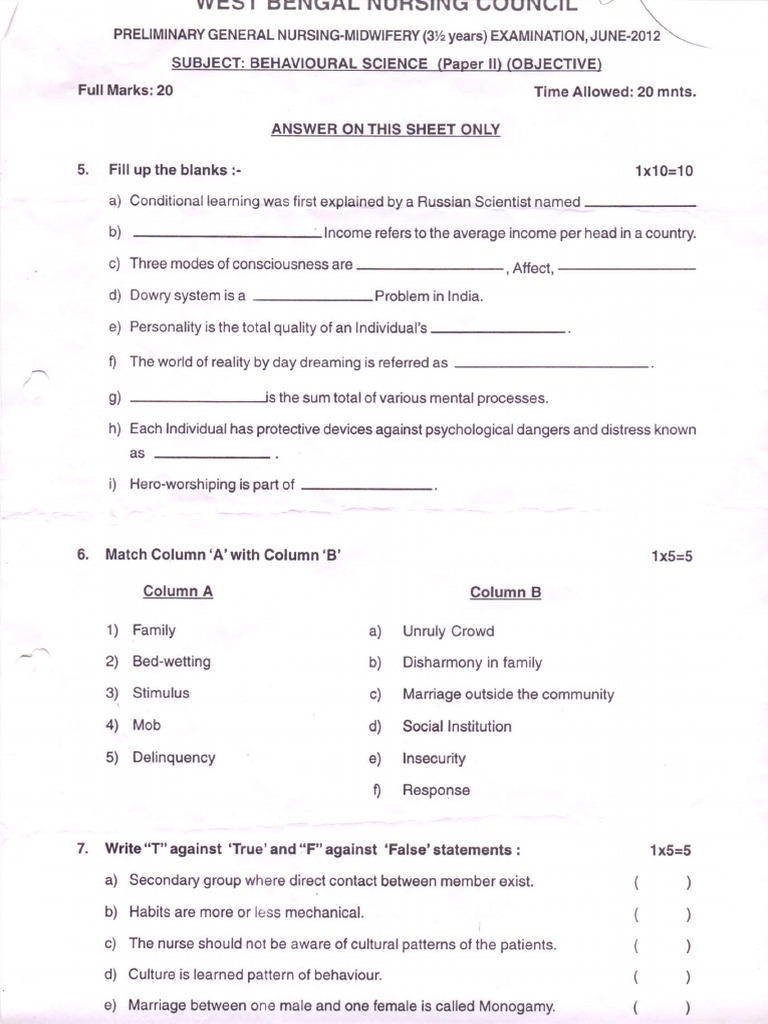 2012 June Behavioural Science (Paper II) Objective | PDF