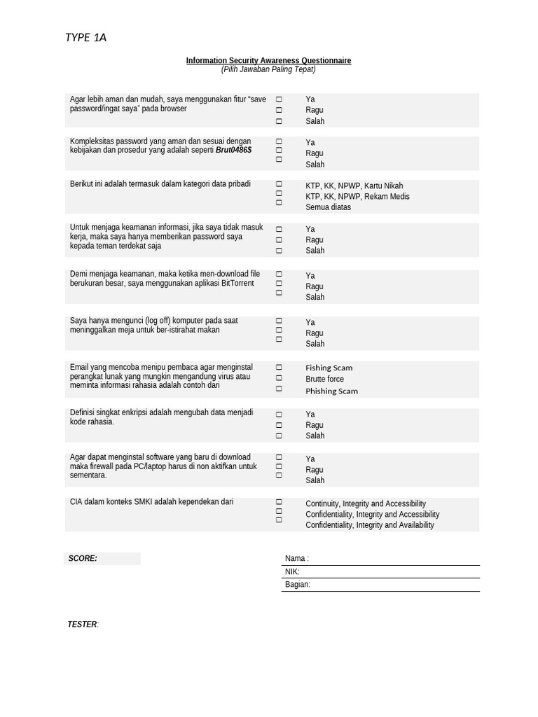 Awareness Quiz Type 1A | PDF