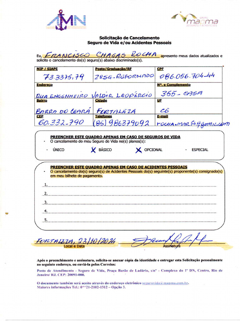 Formulario de Canc Do Seguro de Vida Basico20241023 - 17342501 | PDF