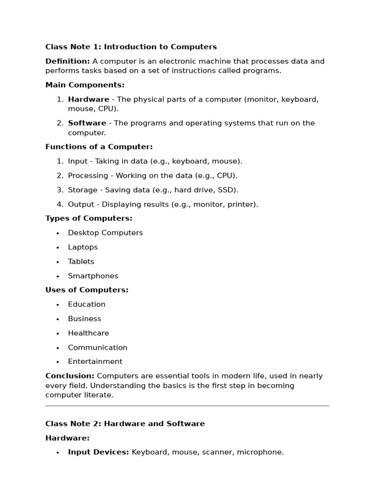 Class Notes On Computers | PDF