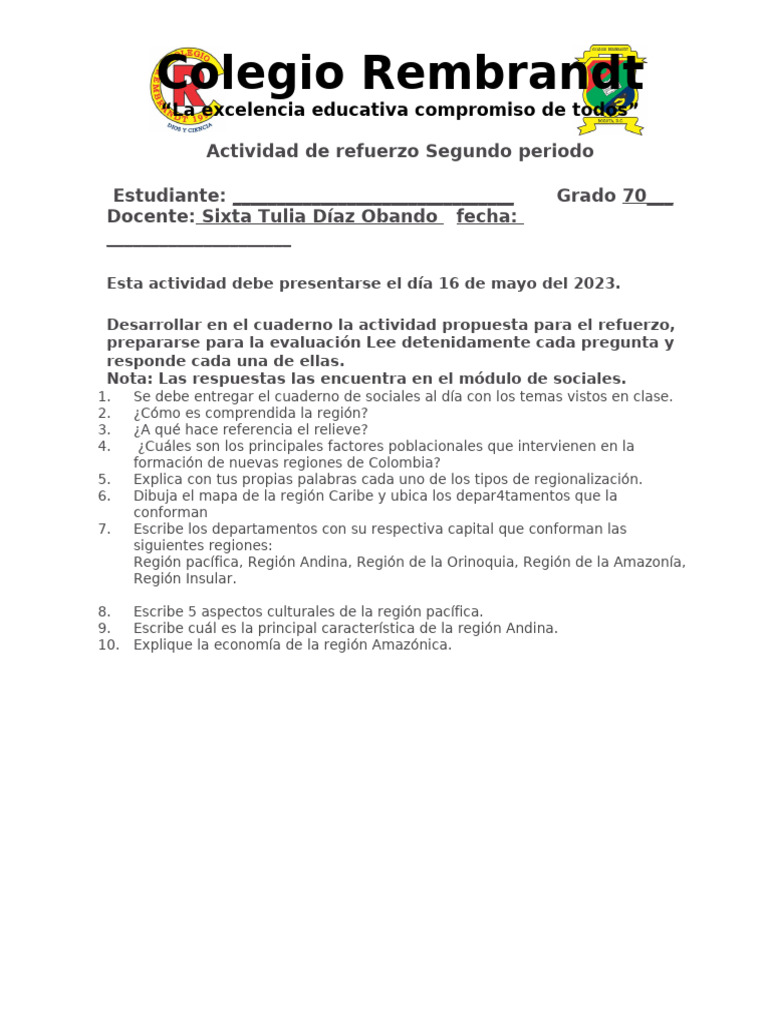 Actividad de Refuerzo Segundo Periodo. Grado 7 | PDF