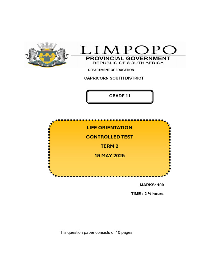 Grade 11 Life Orientation Controlled Test Term 2 Year 2025 | PDF ...