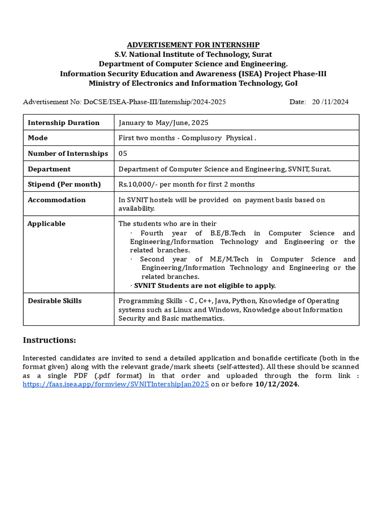 ISEA 2024 Internship Ad Application - Form Final Draft | PDF | Computing