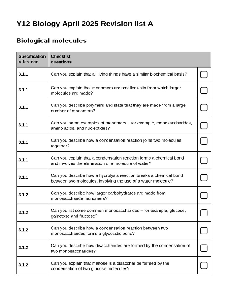 April 25 Exam Revision Checklist Side A | PDF | Dna | Meiosis