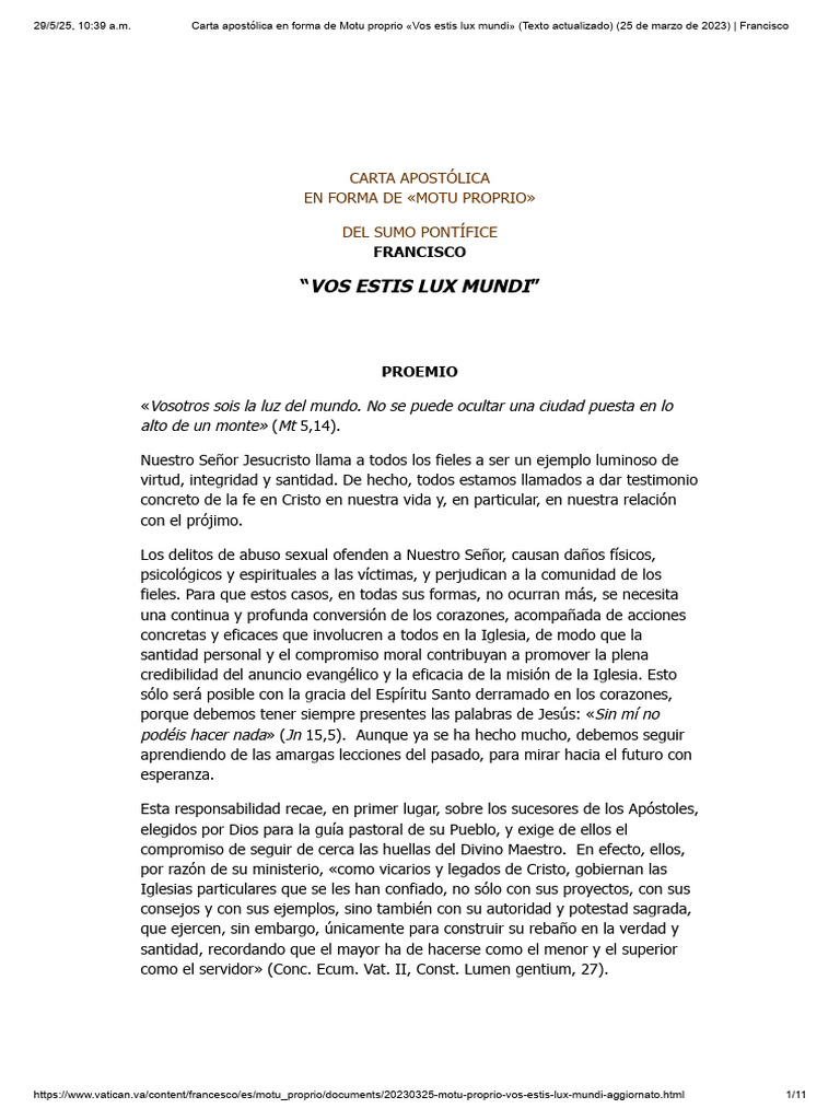Carta Apostólica en Forma de Motu Proprio «Vos Estis Lux Mundi» (Texto ...