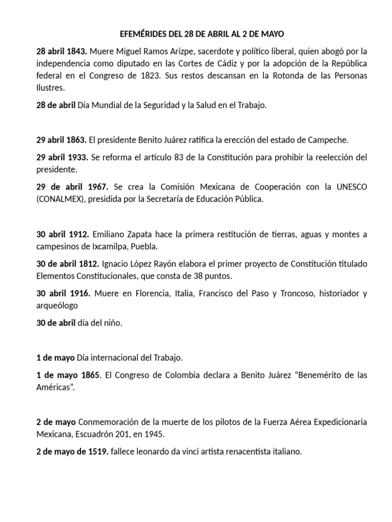 Efemérides Del 28 de Abril Al 2 de Mayo | PDF