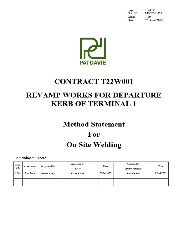 On-Site Welding Method Statement T22W001 | PDF | Welding | Construction