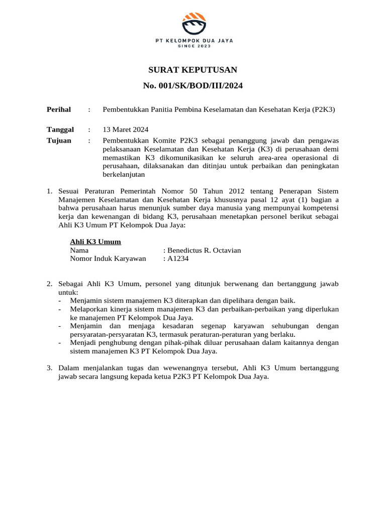 Penunjukkan HSE Officer Dan P2K3 - Tugas Kelompok 2 | PDF