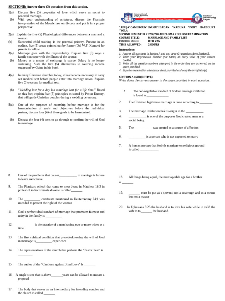 DTH 225 Marriage and Family Life Exam Moderated | PDF | Marriage | Wife