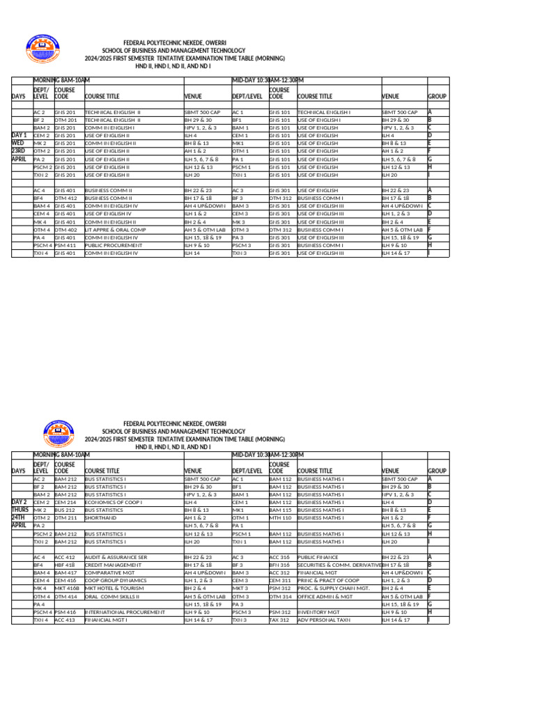 SBMT 2024-2025 First Sem Exam Timetable | PDF