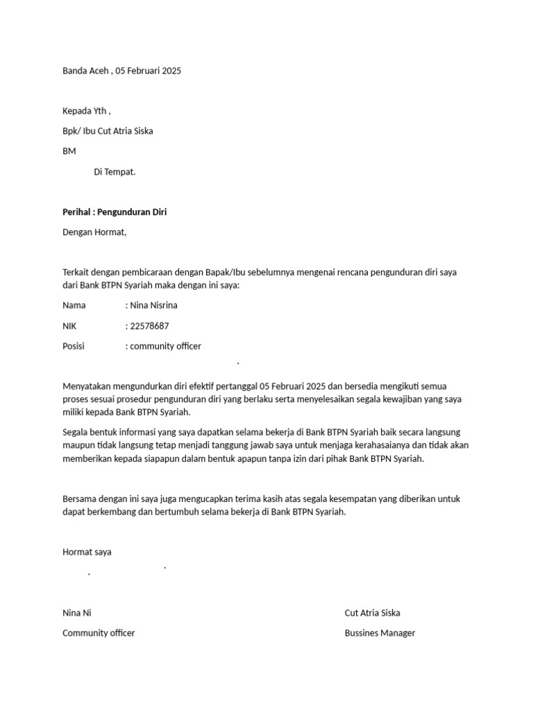 Surat Resign Yulia Ningsih | PDF