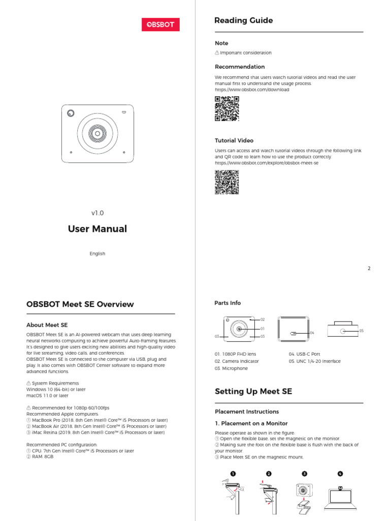 OBSBOT Meet SE User Manual Guide | PDF | Autofocus | Usb