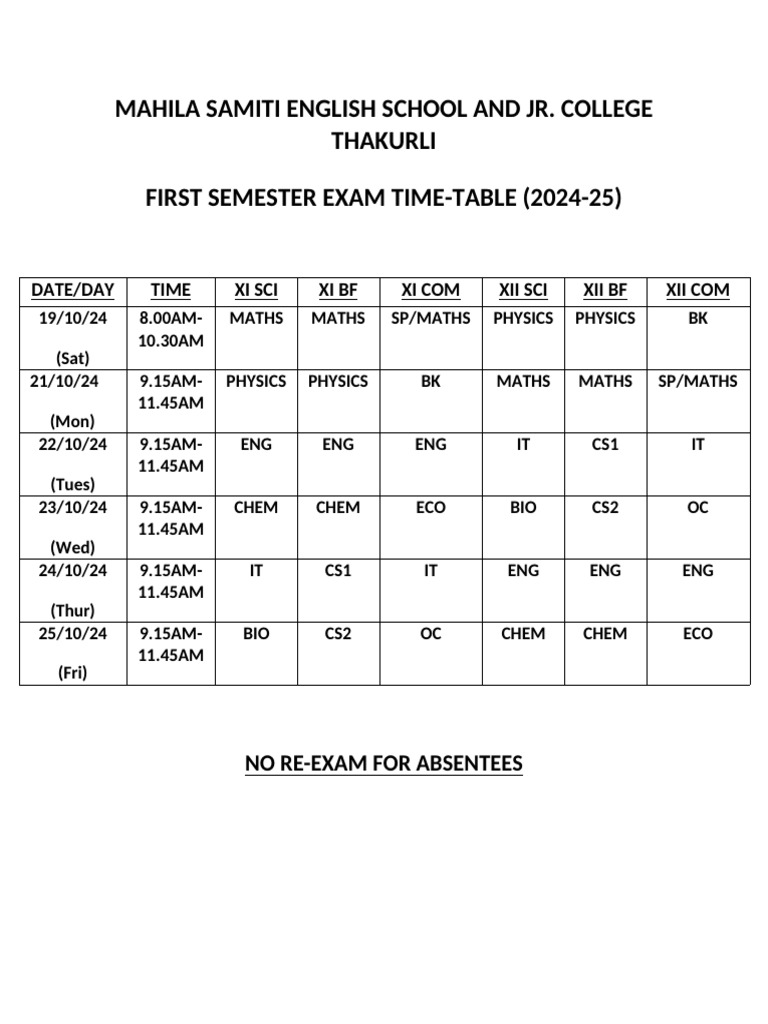 Mahila Samiti English School and Jr. College Thakurli First Semester Exam Time-Table (2024-25) | PDF