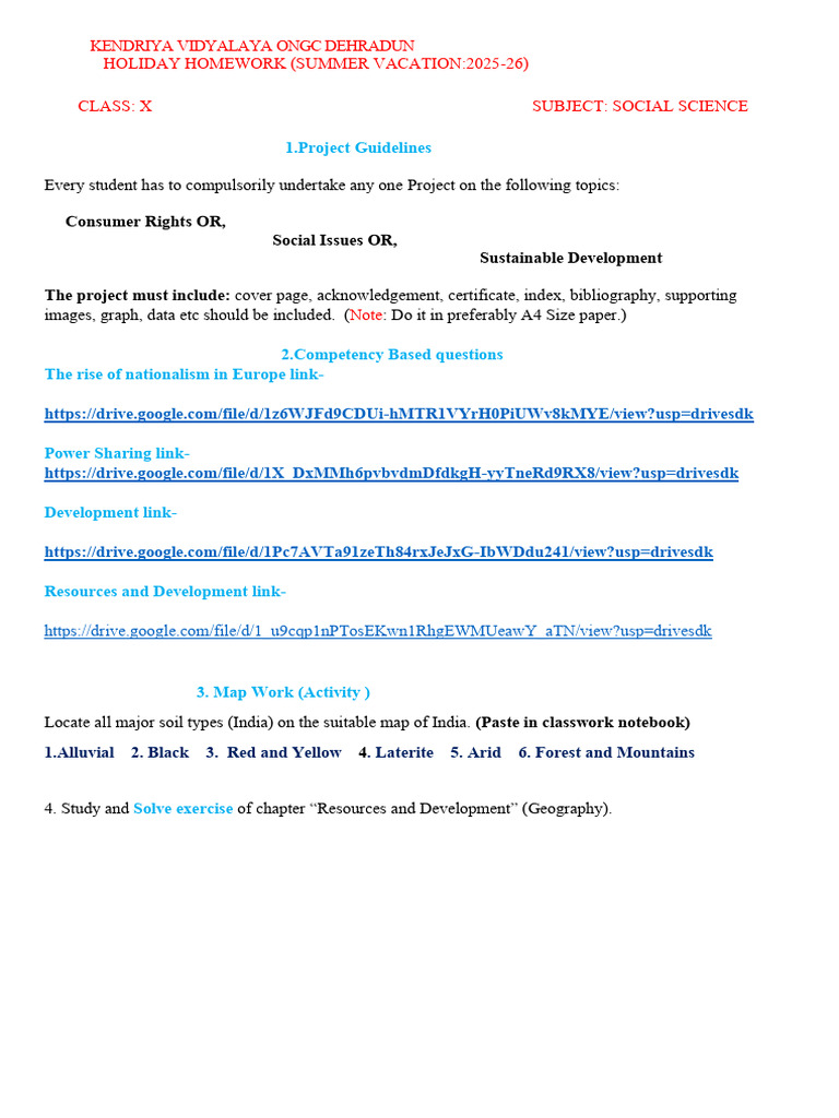 Sst, Class-x, Hhw (Summer Vacation) 2025-26 (2) | PDF