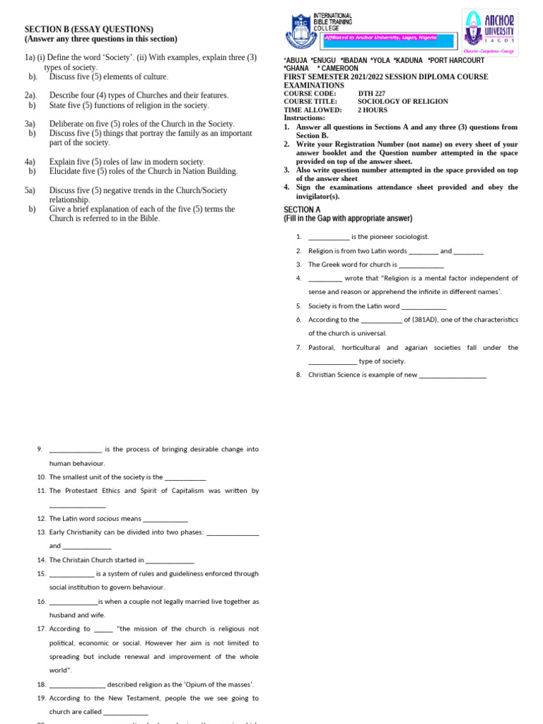 Sociology of Religion Exam Questions | PDF | Christian Church | Society