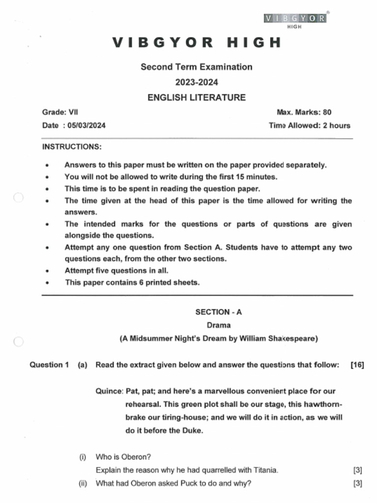 Grade 7 English Literature Sample Paper | PDF
