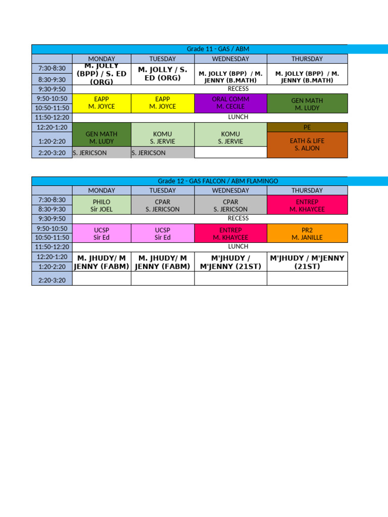 SHS Class Sched 2025 2026 | PDF