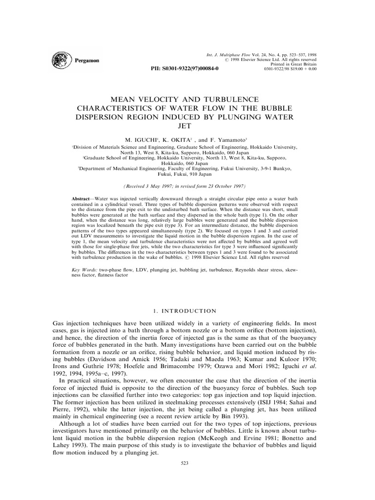 Mean Velocity and Turbulence Characteristics of Water Flow in The Bubble Dispersion Region ...