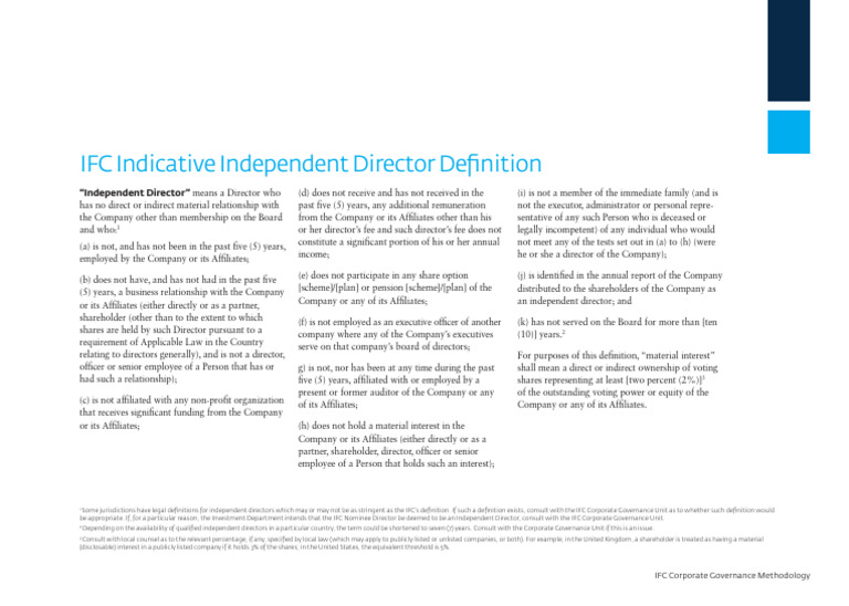 IFC Indicative Independent Director Definition 062719 | PDF | Corporate ...