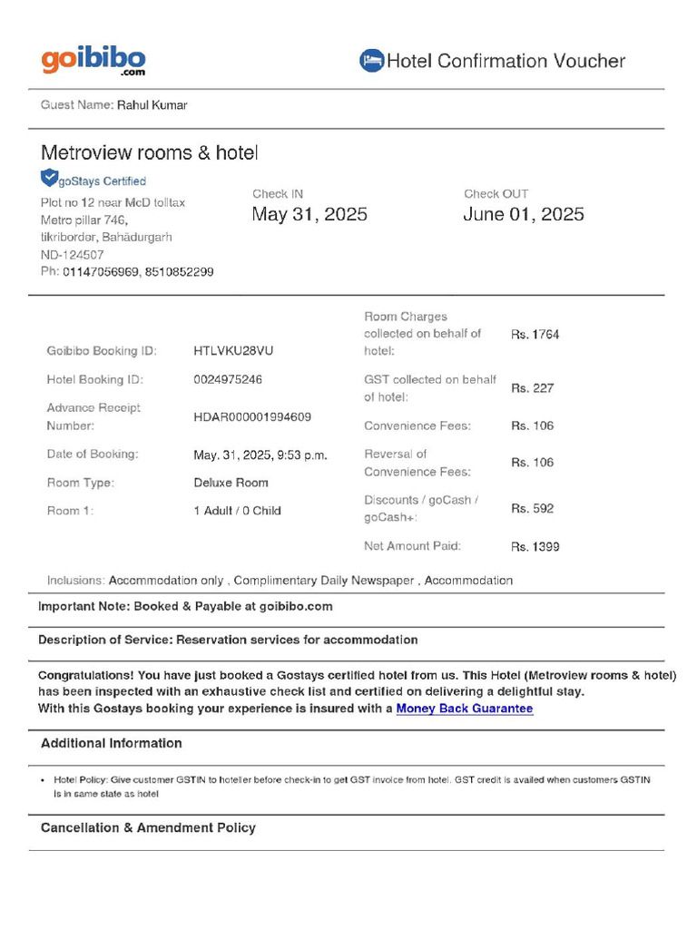 Goibibo Hotel Bill | PDF