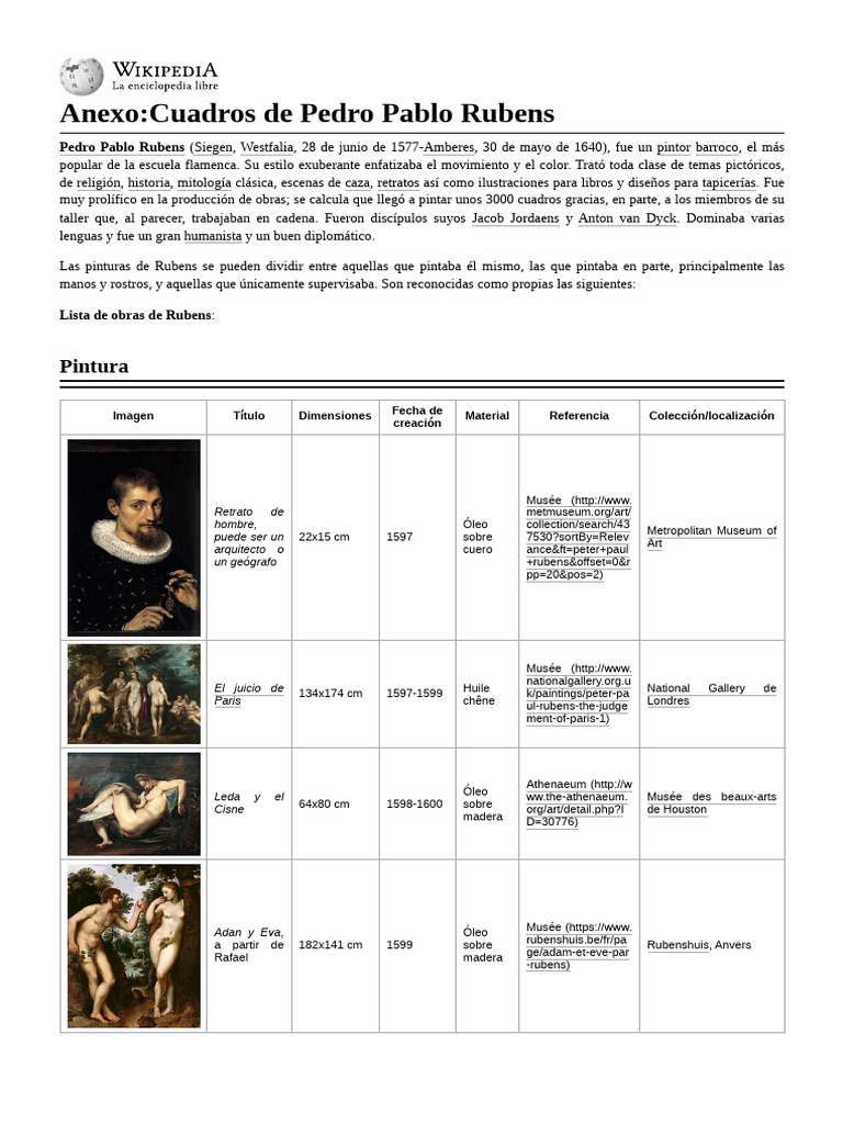 Anexo Cuadros de Pedro Pablo Rubens | PDF | Peter Paul Rubens | Pinturas