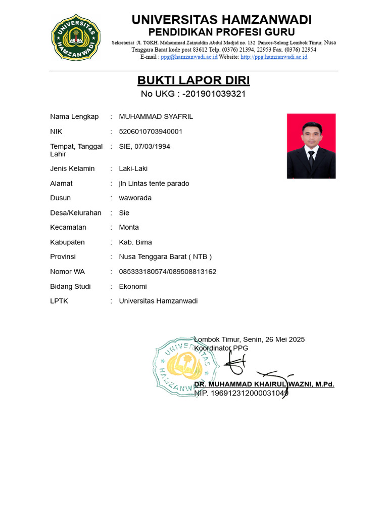 MUHAMMAD SYAFRIL - 201901039321 - Bukti Lapor Diri Peserta PPG Guru ...