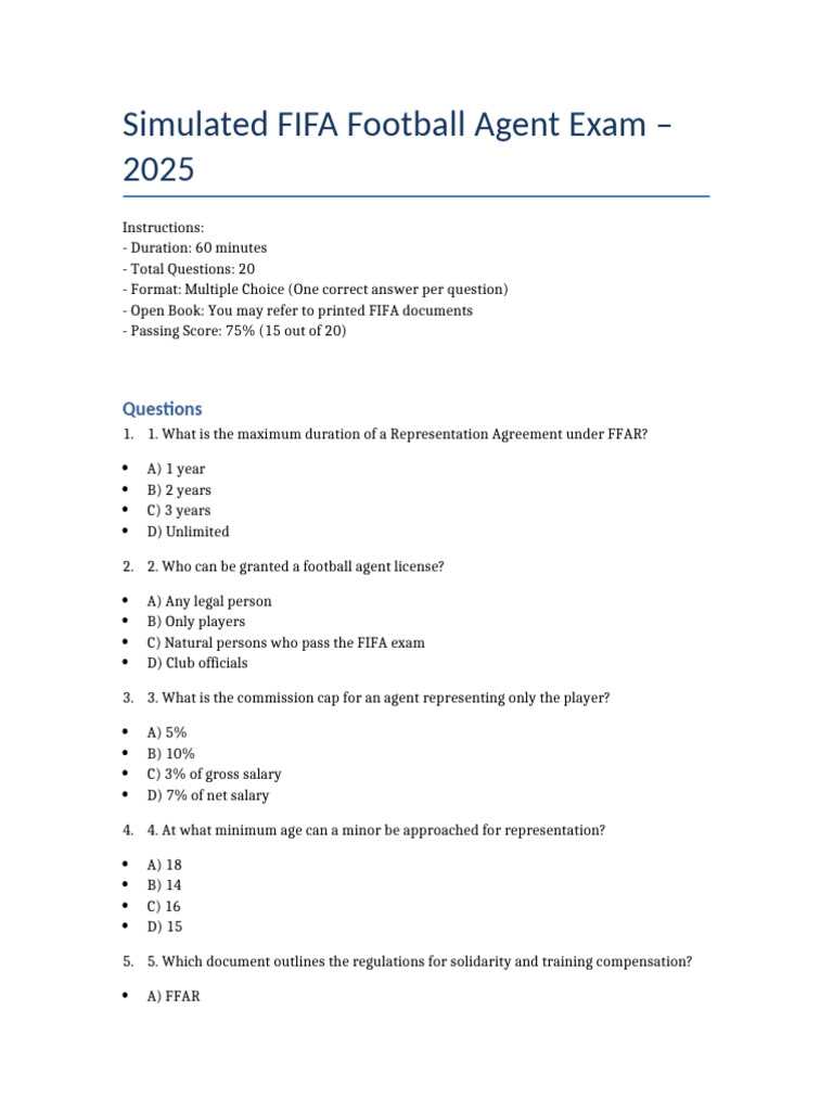 Simulated FIFA Agent Exam 2025 | PDF | Fifa