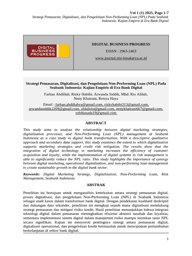 Jurnal Strategi Pemasaran, Digitalisasi, Dan Pengelolaan Non-Performing ...