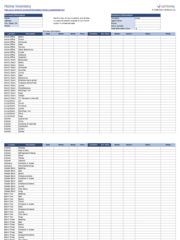 Home Inventory Worksheet Template | PDF | Kitchen | Basement