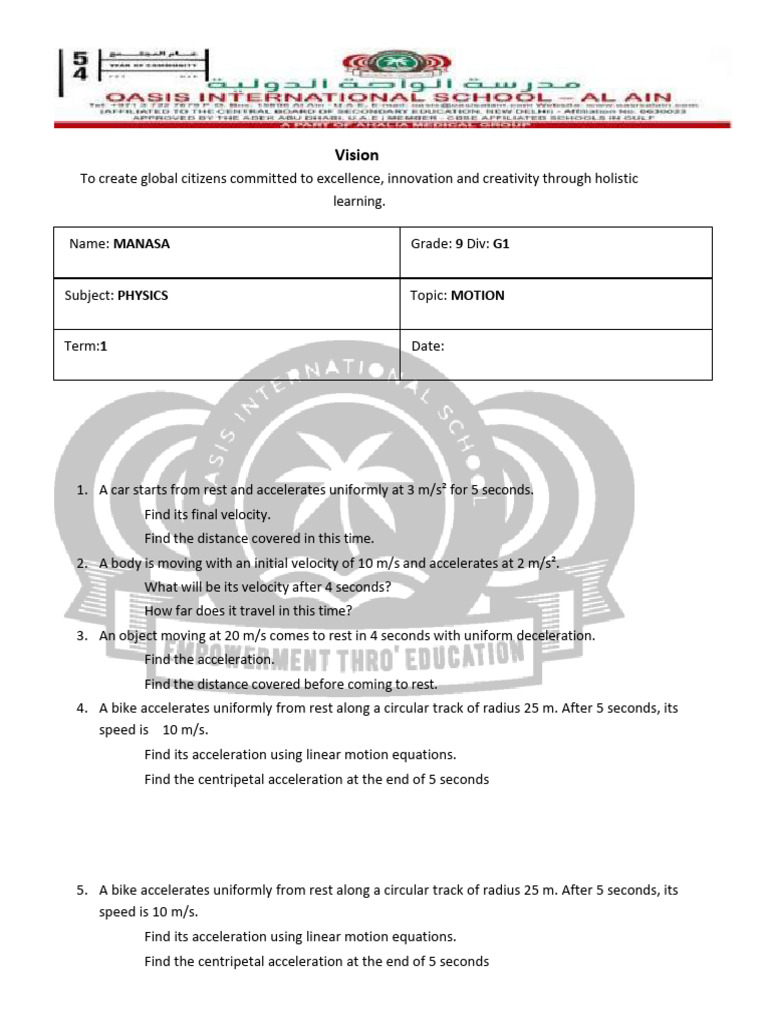 Worksheet - 1 MOTION - May19 - 24 | PDF