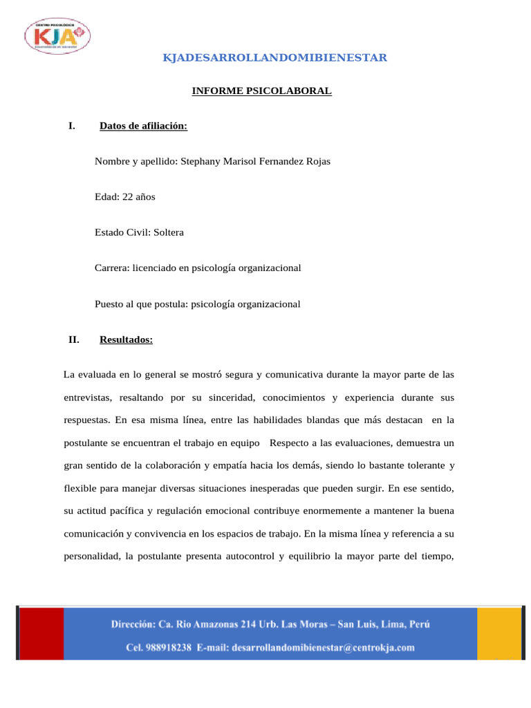 Informe Psicolaboral - Stephany Fernandez | PDF