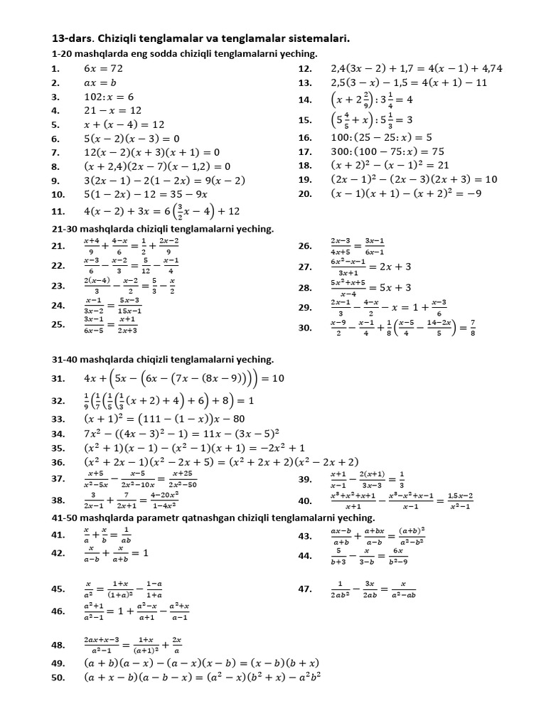 013 13 Dars Birinchi Darajali Tenglamalar | PDF