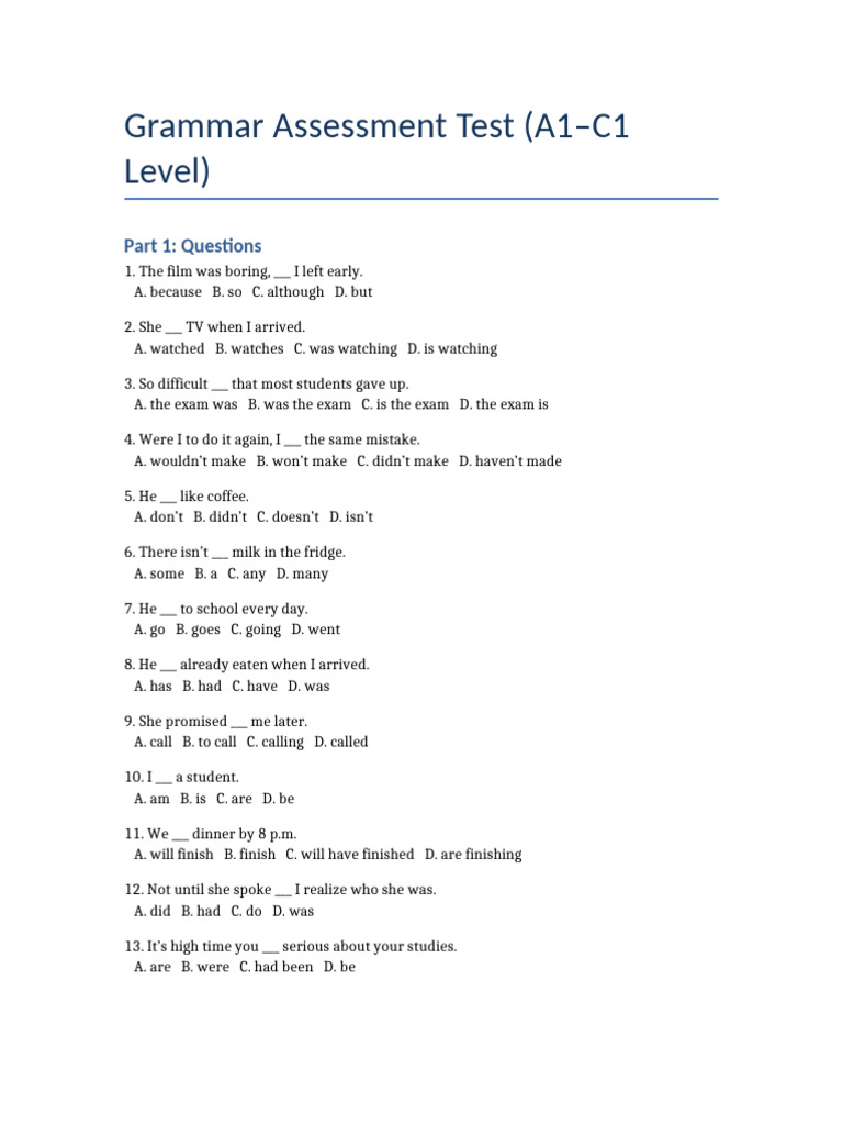 Grammar Level Test A1 C1 | PDF