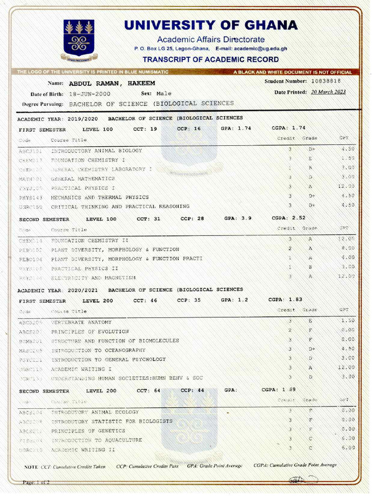 Hakeem Legon Transcript | PDF