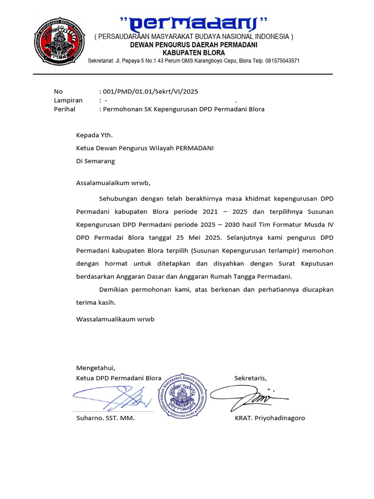 Surat Permohonan SK Pengurus DPD Permadani Periode 2025 - 2030 Ke DPW Rev5 | PDF