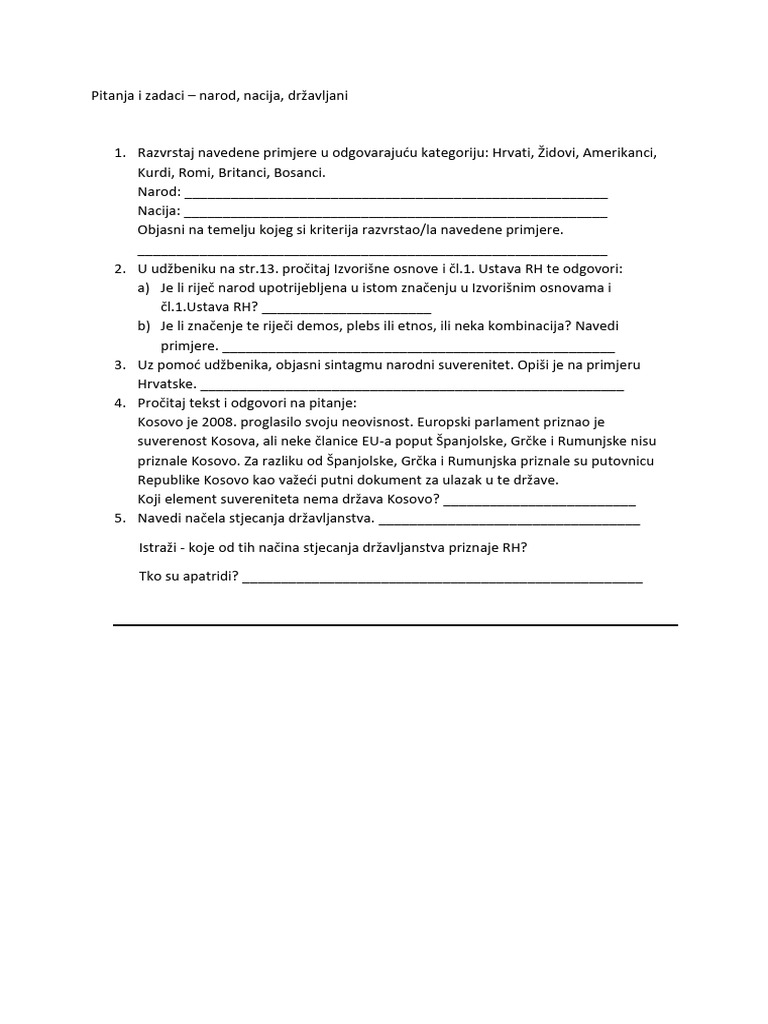 Pitanja I Zadaci - Narod, Nacija, Drå Avljani | PDF