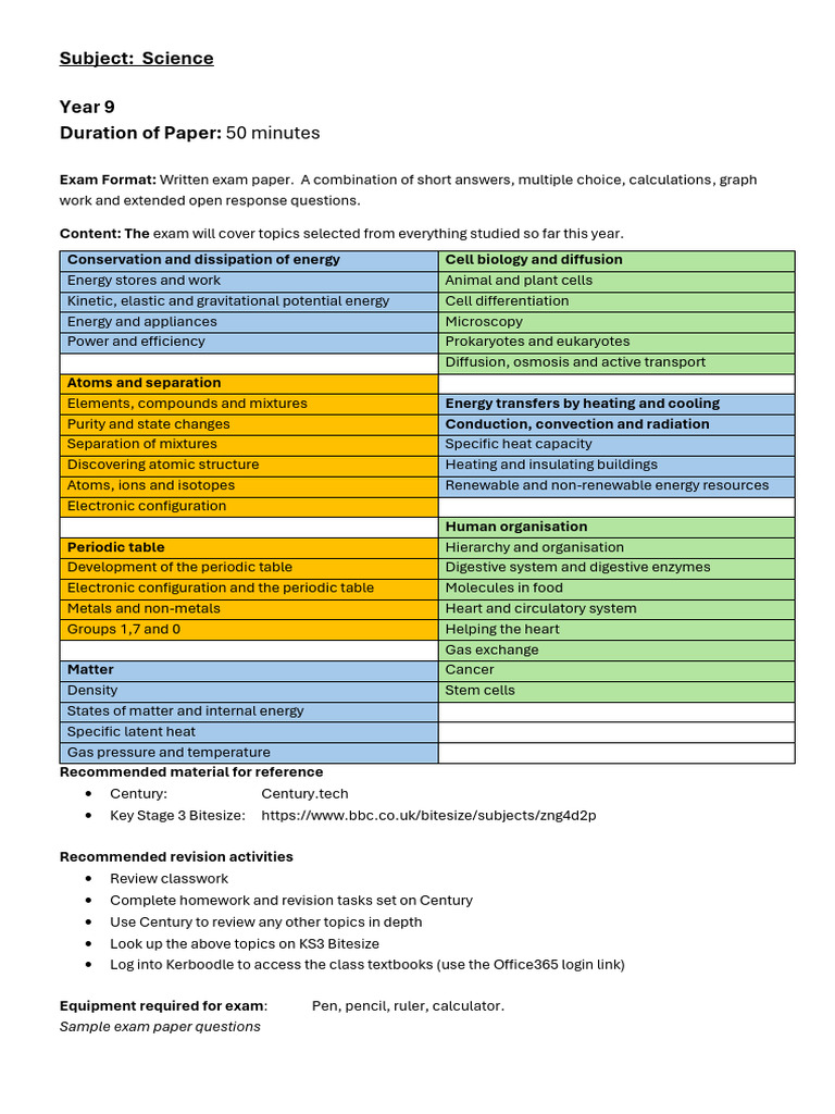 Year 9 Science Exam Revision Guide | PDF | Atoms | Chemical Elements